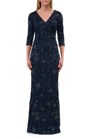 La Femme Beaded Stretch Net Jersey Gown - Navy