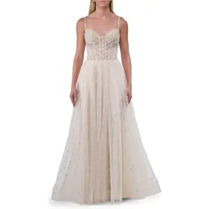 La Femme Polka Dot Tulle Prom Dress With Corset Top - Cream