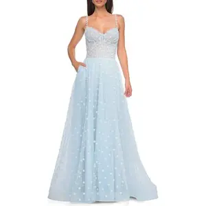 La Femme Polka Dot Tulle Prom Dress With Corset Top - Light Blue