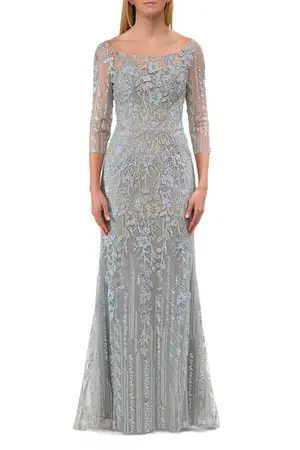 La Femme Lace Design Long Dress - Light Blue