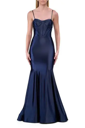 La Femme Stretch Satin Corset Gown - Navy