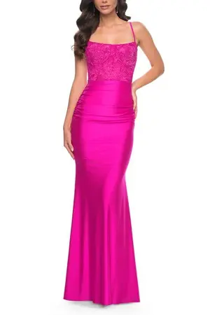 La Femme Ruched Jersey Dress With Illusion Corset Lace Top - Hot Fuchsia