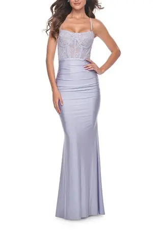 La Femme Ruched Jersey Dress With Illusion Corset Lace Top - Light Periwinkle