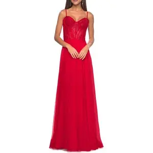 La Femme Chiffon And Lace Gown With Bustier Top - Red