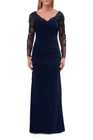 La Femme Elegant Evening Jersey Dress With Illusion Lace Sleeves - Navy