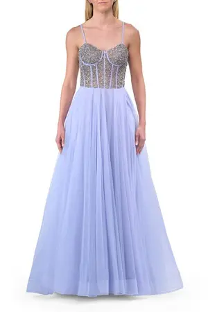 La Femme Rhinestone Embellished Corset A-line Tulle Gown - Light Periwinkle