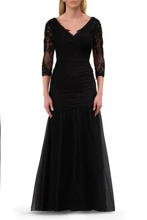 La Femme Tulle Evening Gown With Lace Sleeves - Black