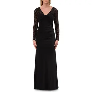 La Femme Long Sleeve Evening Gown With Ruching And Lace - Black