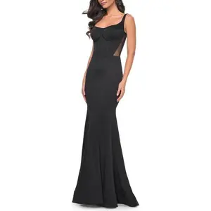 La Femme Mermaid Jersey Gown With Lace Up Back - Black