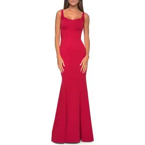 La Femme Mermaid Jersey Gown With Lace Up Back - Red