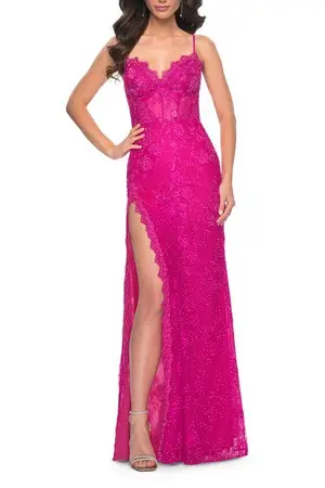 La Femme Lace Fitted Prom Gown With Illusion Bodice - Hot Fuchsia