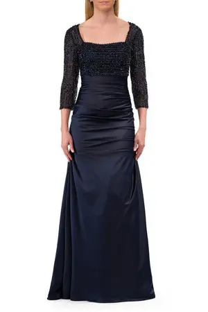 La Femme Beaded Bodice Satin Gown With Three-quarter Sleeves