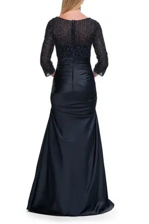 La Femme Beaded Bodice Satin Gown With Three-quarter Sleeves