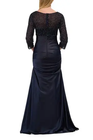 La Femme Beaded Bodice Satin Gown With Three-quarter Sleeves