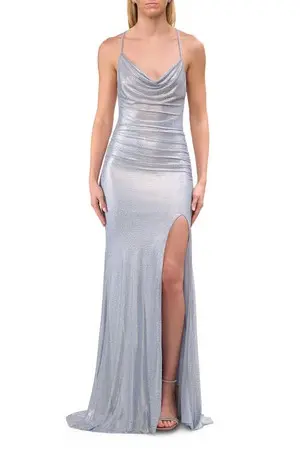La Femme Metallic Rhinestone Jersey Column Gown - Light Blue
