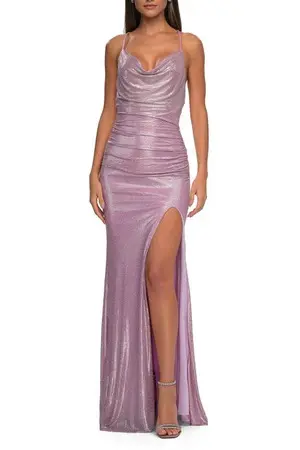 La Femme Metallic Rhinestone Jersey Column Gown - Light Pink