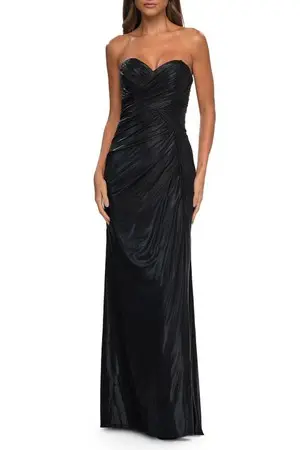 La Femme Metallic Jersey Sweetheart Gown - Black