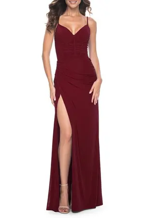 La Femme Net Jersey Fitted Dress With Ruched Bustier Top - Wine