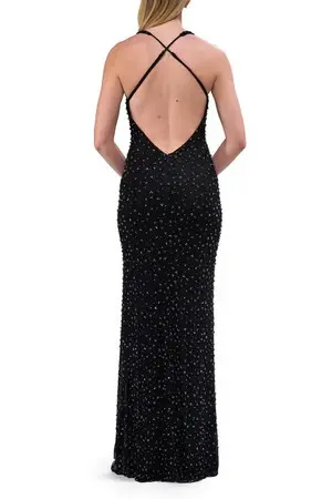 La Femme Beaded Fitted Stretch Net Halter Gown