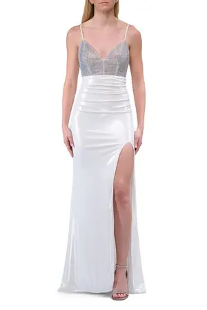 La Femme Metallic Jersey Ruched Prom Dress With Rhinestone Bodice - Ivory