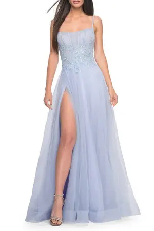 La Femme Tulle A-line Gown With Beaded Lace And Slit - Light Periwinkle