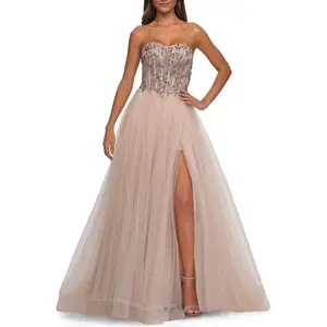 La Femme A-line Tulle Gown With Beaded Floral Design - Blush