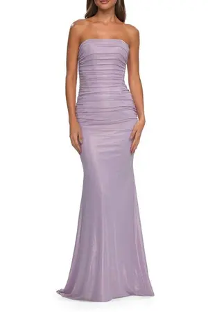 La Femme Metallic Strapless Ruched Dress - Lavender