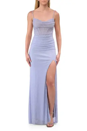 La Femme Rhinestone Embellished Column Gown - Light Periwinkle