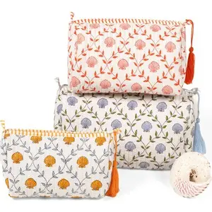 INNER CHILD Seashell Blockprint Makeup Bag Set Of 3 - Seashell Blue