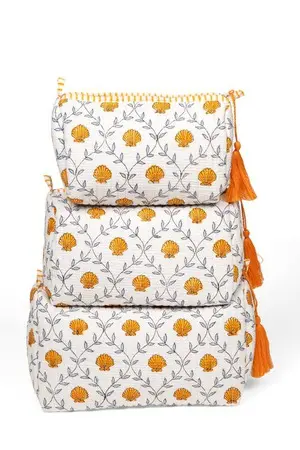 INNER CHILD Seashell Blockprint Makeup Bag Set Of 3 - Seashell Blue