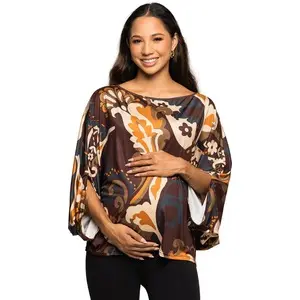 24SEVEN COMFORT APPAREL Maternity Paisley Print Dolman Sleeve Top - Brown Multi