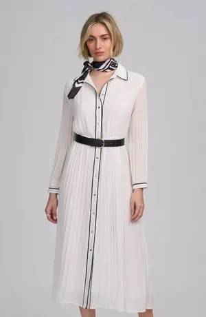 ELLE COLLECTION Woven Pleated Button-front Dress - Ivory