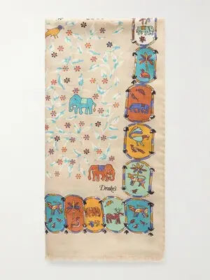 DRAKE'S Frayed Printed Wool And Silk-blend Scarf - Neutrals