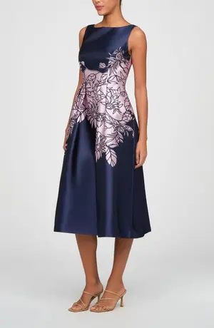 KAY UNGER Floral Cocktail Midi Dress