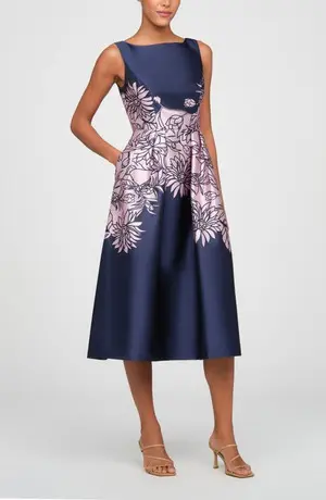 KAY UNGER Floral Cocktail Midi Dress