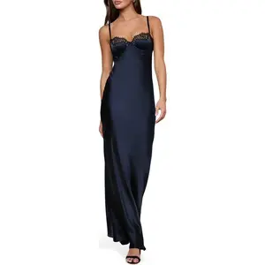 L'Agence Shayla Lace Trim Silk Satin Maxi Slipdress - Midnight
