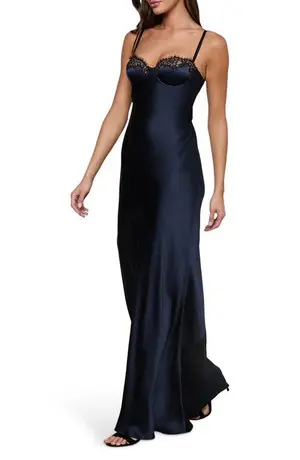 L'Agence Shayla Lace Trim Silk Satin Maxi Slipdress