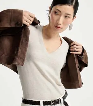 Brunello Cucinelli Cashmere Monili-detail V-neck Sweater - Beige