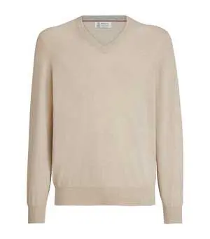 Brunello Cucinelli Cashmere V-neck Sweater - Beige