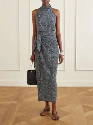 CORTANA Corallo Printed Silk Halterneck Midi Dress