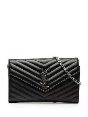 Saint Laurent 2017 Grain De Poudre Chevron Monogram Envelope Chain Wallet - Black