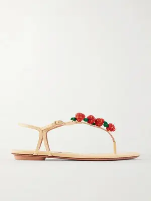 AQUAZZURA Fragolina Sugar Embellished Raffia-effect Flat Sandals - Neutrals