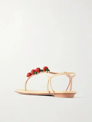 AQUAZZURA Fragolina Sugar Embellished Raffia-effect Flat Sandals - Neutrals