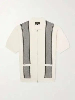 BEAMS Beams Plus Striped Knitted Half-Zip Polo Shirt Ecru