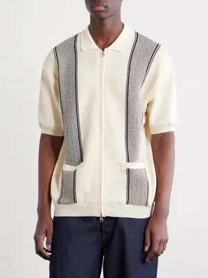 BEAMS Striped Knitted Half-zip Polo Shirt - Neutrals