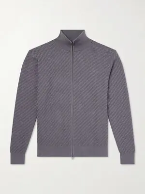 Brioni Woven Cotton, Silk, And Cashmere-blend Zip-up Cardigan - Gray