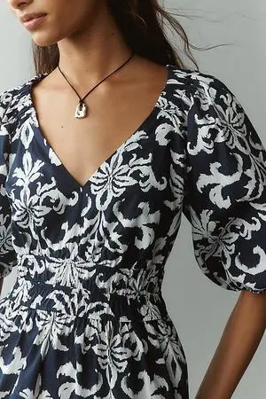 Maeve Puff-sleeve Smocked A-line Mini Dress - Navy
