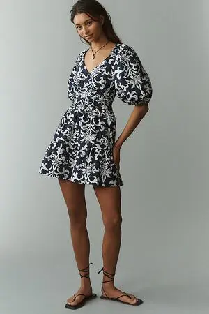 Maeve Puff-sleeve Smocked A-line Mini Dress - Navy