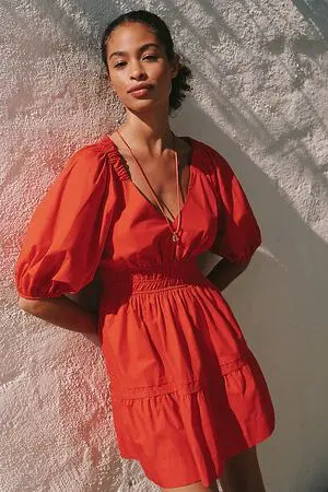 Maeve Puff-Sleeve Smocked A-Line Mini Dress Red