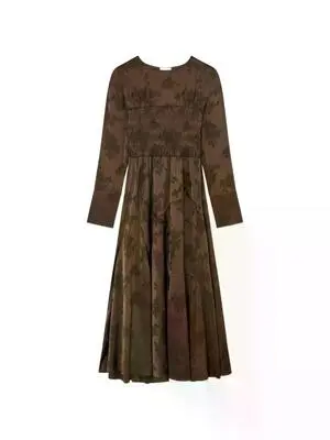 GANNI Long Sleeve Floral Jacquard Midi Dress - Brown